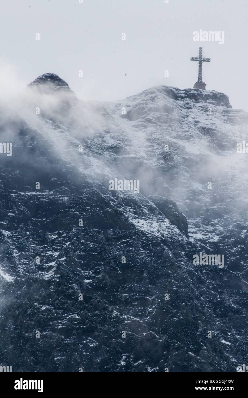 Caraiman Cross Monument on the top of Carpathian Mountains seen from ...