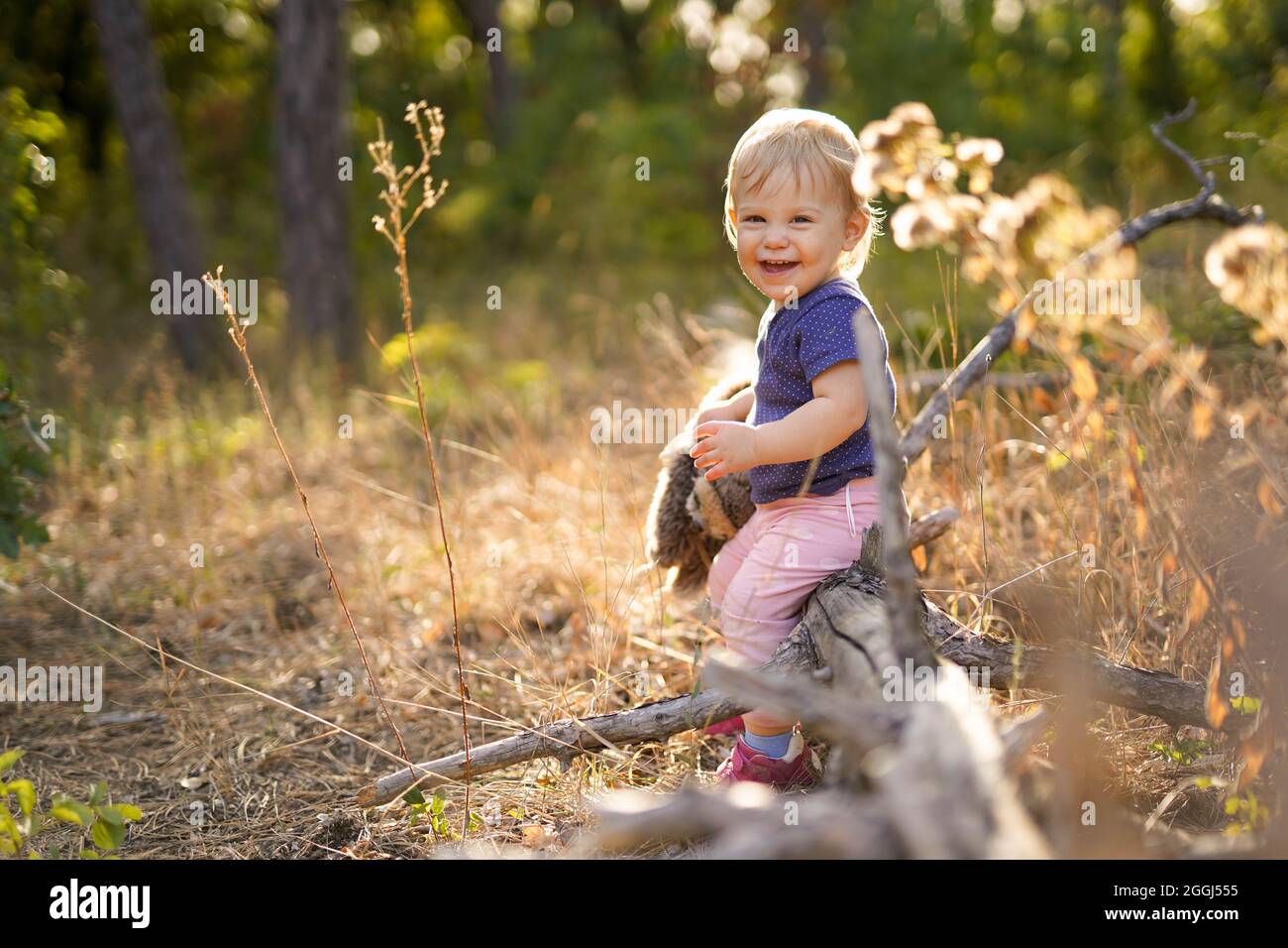 Small child laughing and sitting on a fallen tree Stock Photo - Alamy