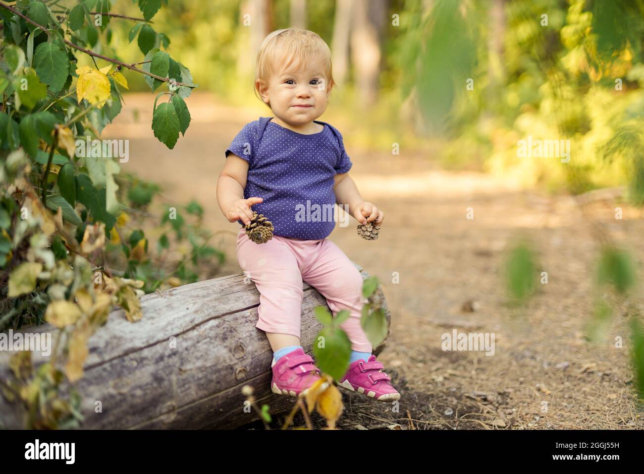 Small child sitting on a fallen tree in the forest Stock Photo - Alamy