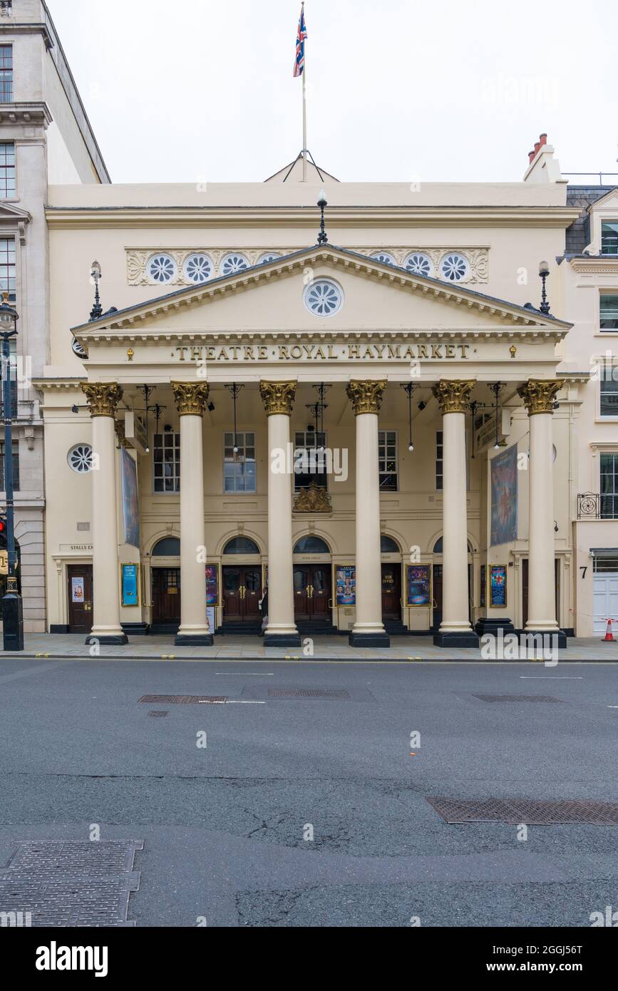 Imposing front facade of The Theatre Royal Haymarket. London, England ...