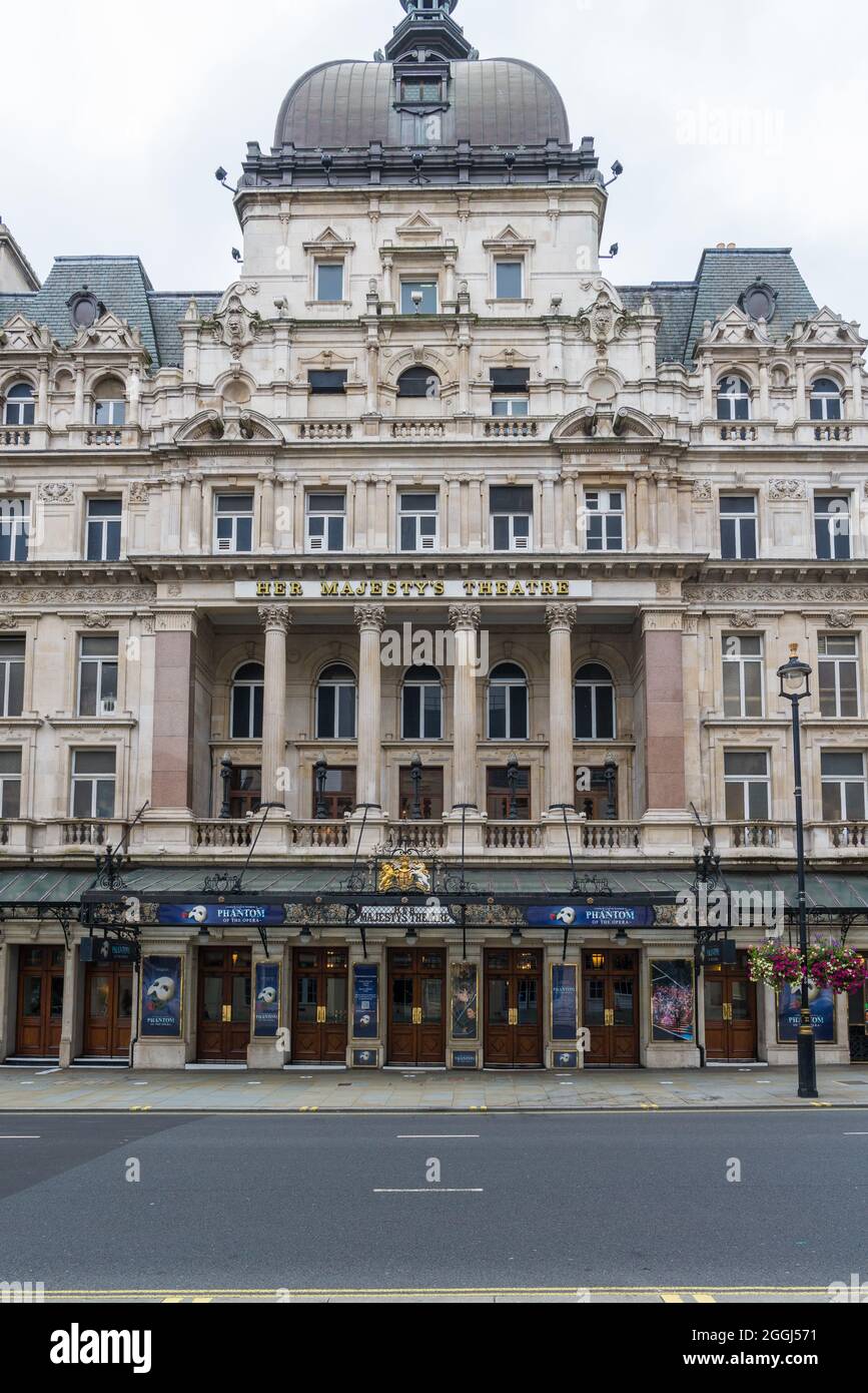 Front facade of Her Majesty's Theatre in Haymarket, London, England, UK ...