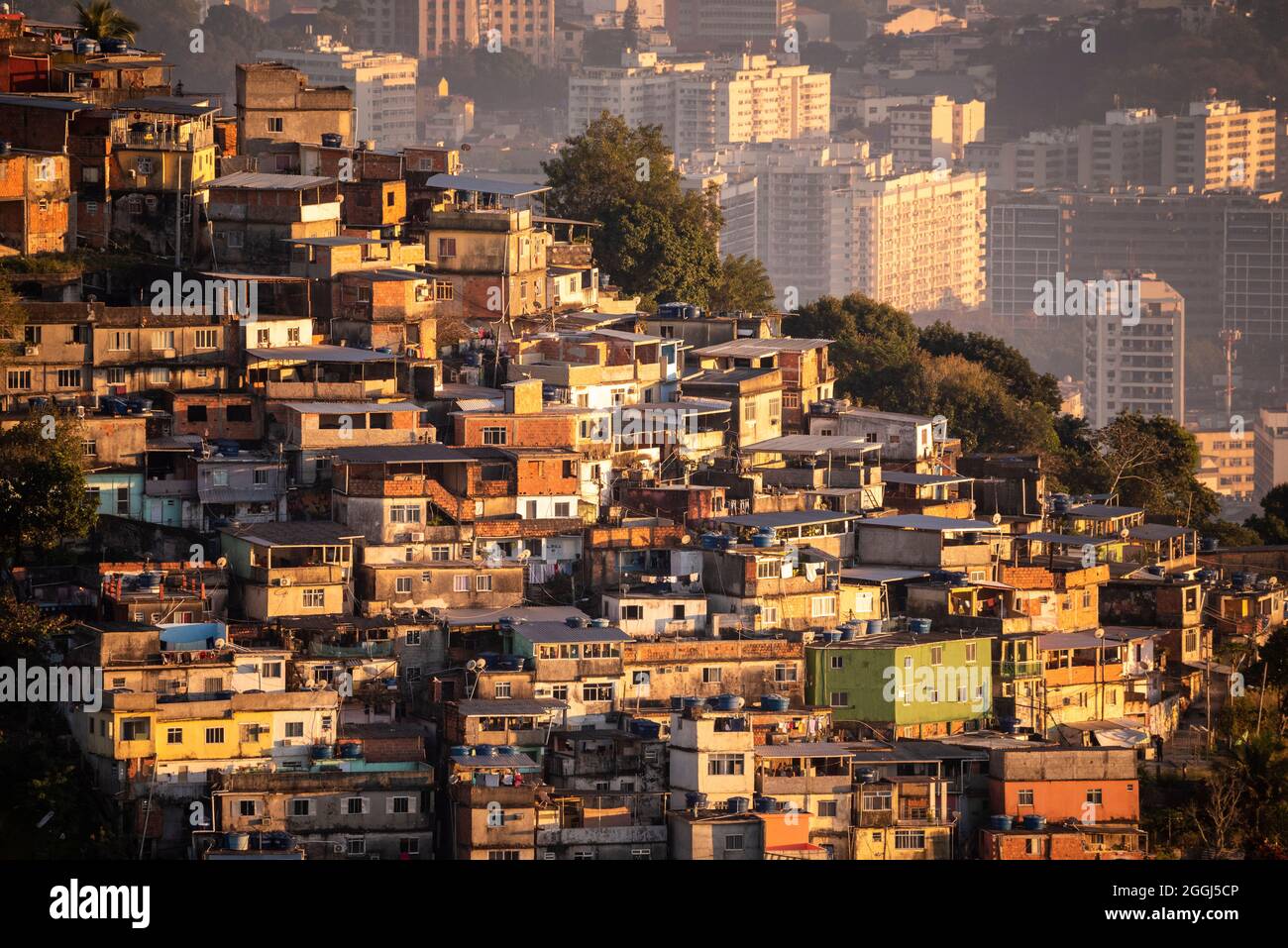 Beautiful sunrise view to favela on hillside in Rio de Janeiro, Brazil ...