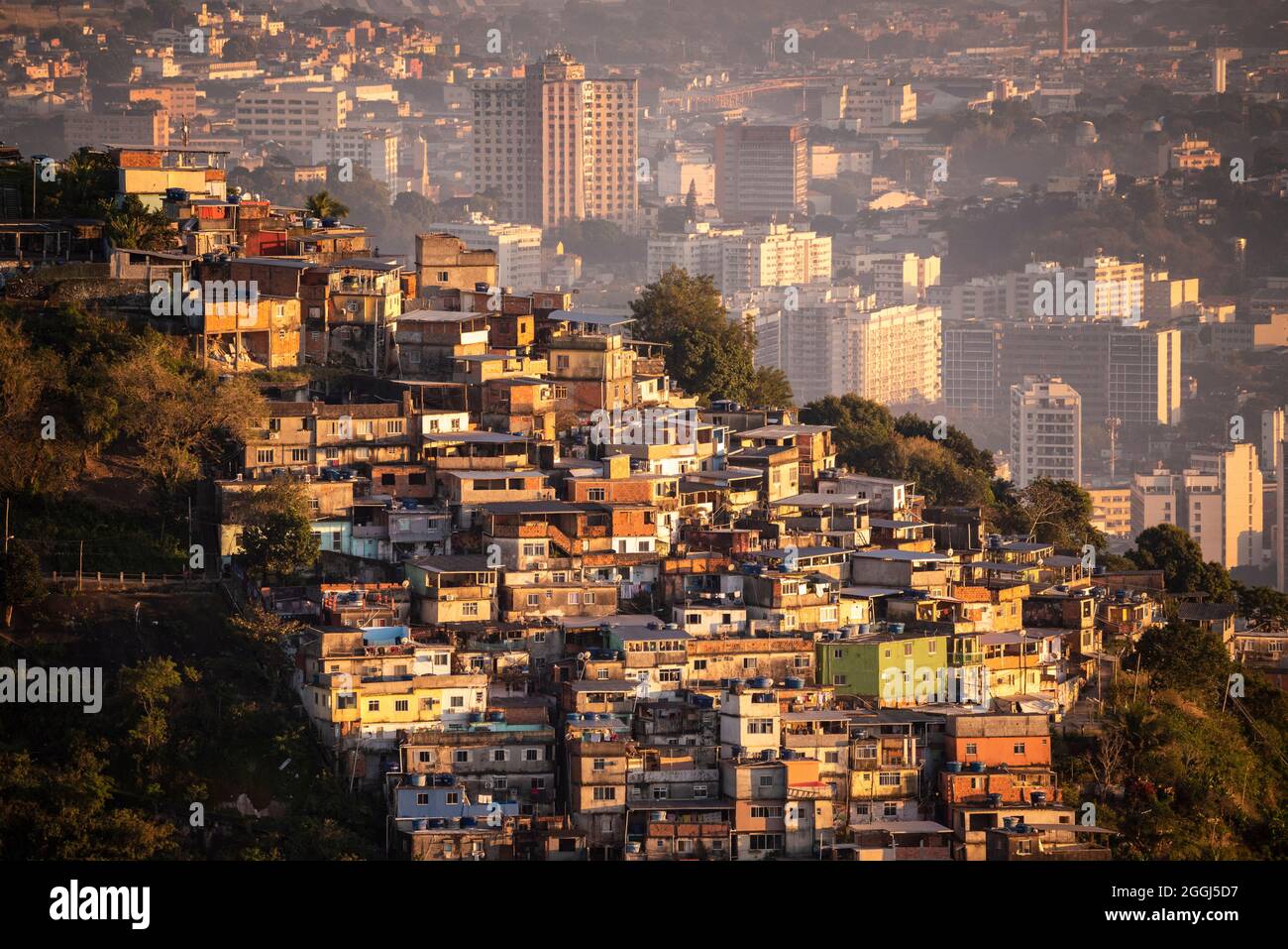 Beautiful sunrise view to favela on hillside in Rio de Janeiro, Brazil ...