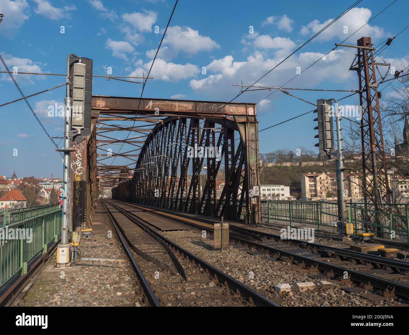 Prague, Czech Republic, March 26, 2021: Vysehrad Railway bridge across ...