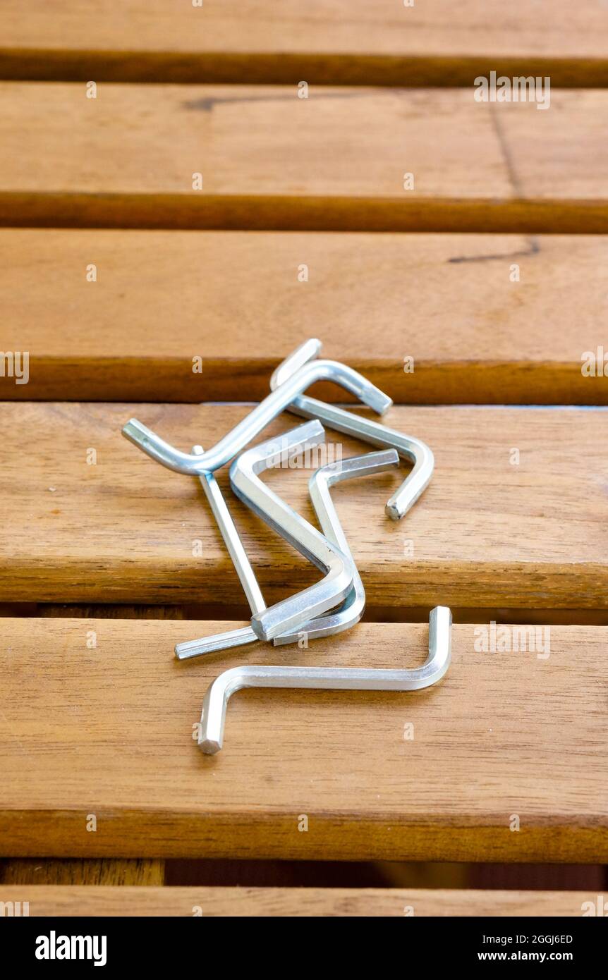 Wooden table with the objects on it Stock Photo - Alamy