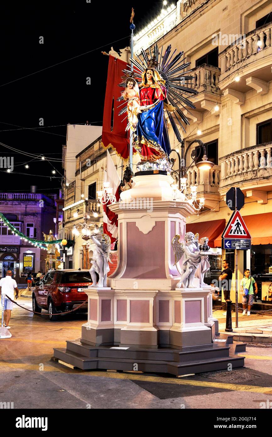 MOSTA, MALTA - Aug 15, 2021: Statue of Our Lady, street decoration on ...