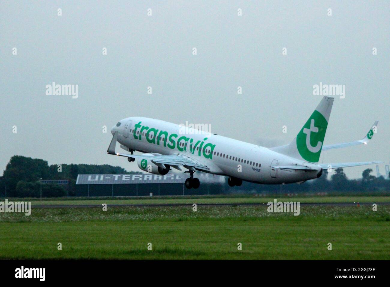 PH-HSF Transavia Boeing 737 Airplane is departing from Polderbaan 18R ...