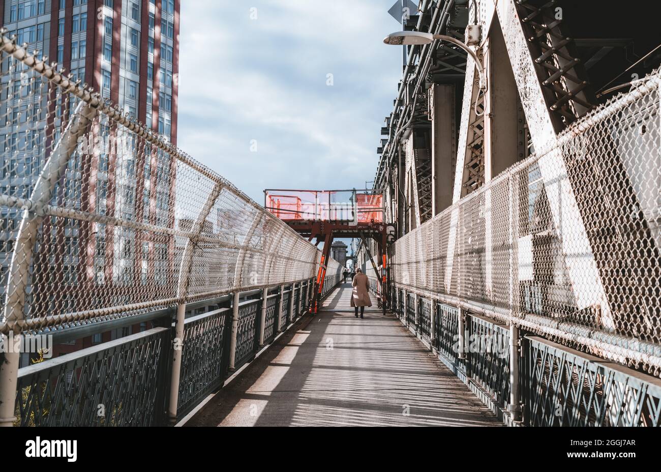 Walkway surrounded by high-rise buildings in New York, USA Stock Photo ...