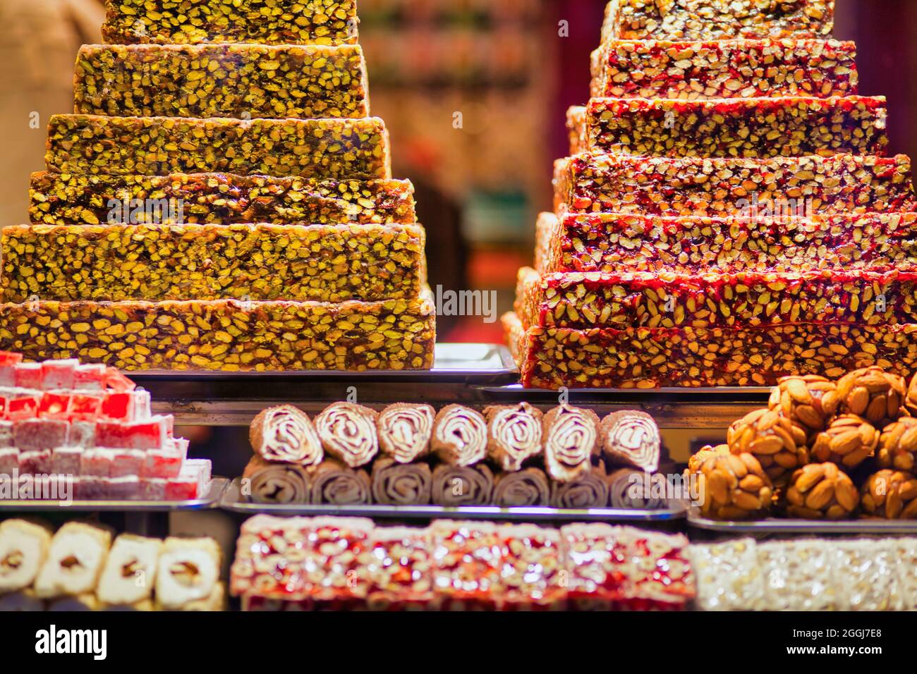 Shot of many different types of sweets next to each other in the market ...