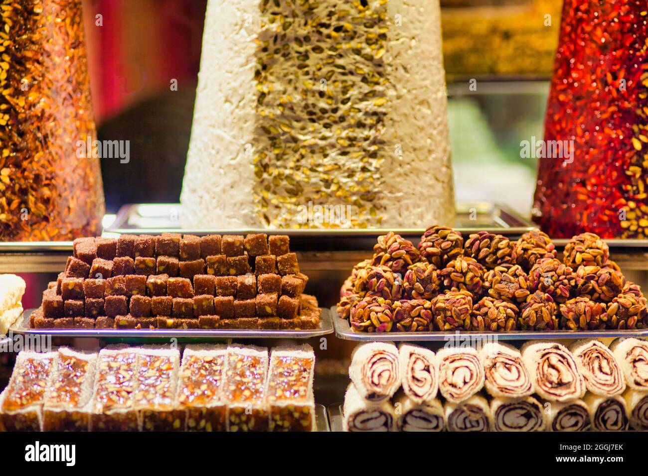 Shot of many different types of sweets next to each other in the market ...