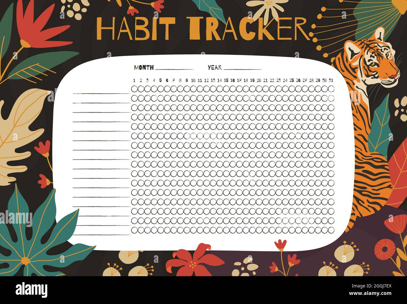 Habit tracker printable page concept templane, with hand drawn floral ...