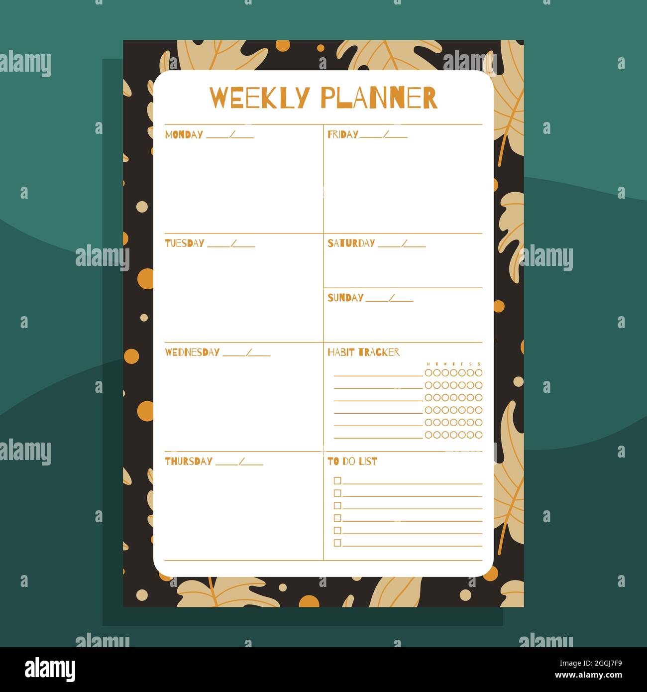 Weekly planner print concept template. With hand drawn exotic floral ...