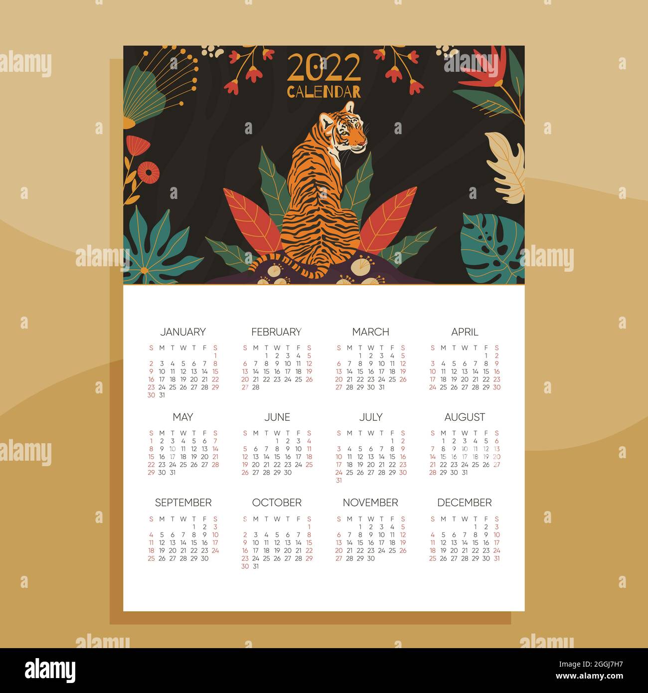 2022 year calendar concept with hand drawn illustrations of tiger and ...