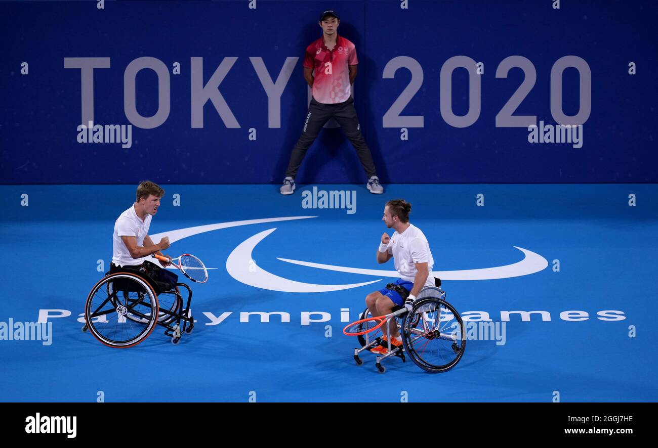 Netherlands' Sam Schroder (right) and Niels Vink celebrates a point ...