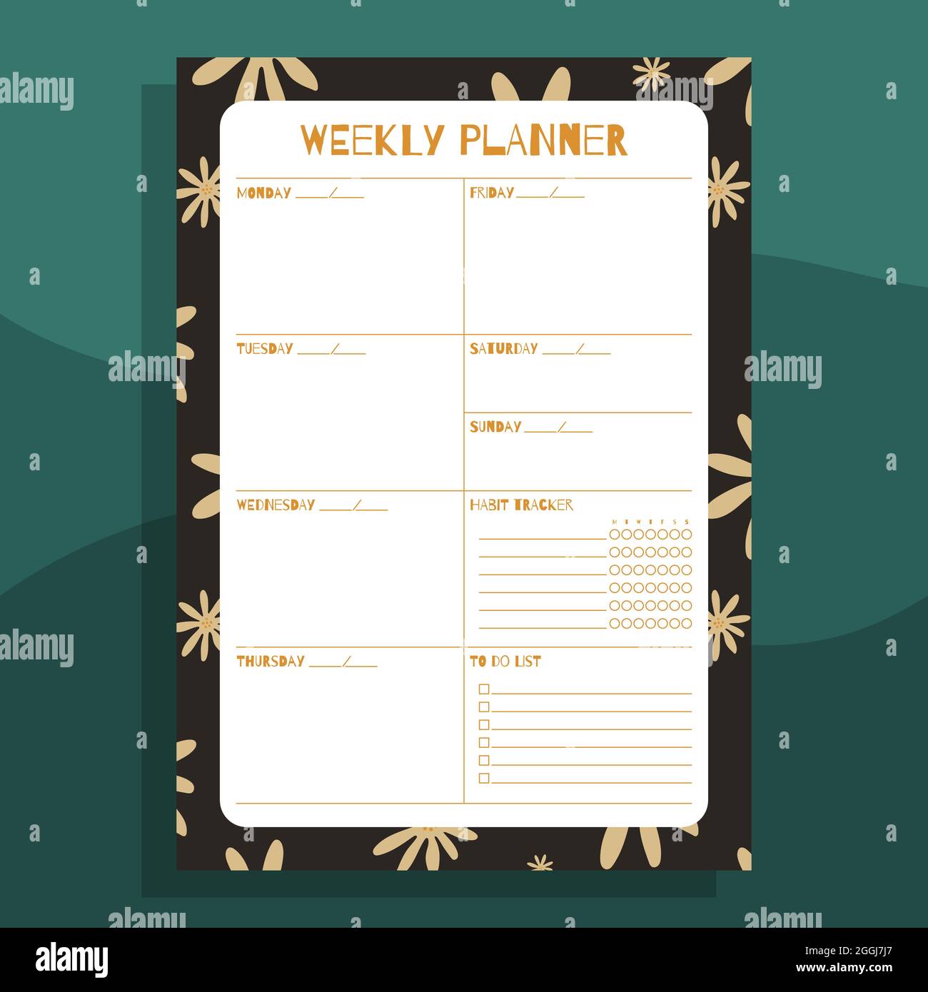 Weekly planner print concept template. With hand drawn exotic floral ...