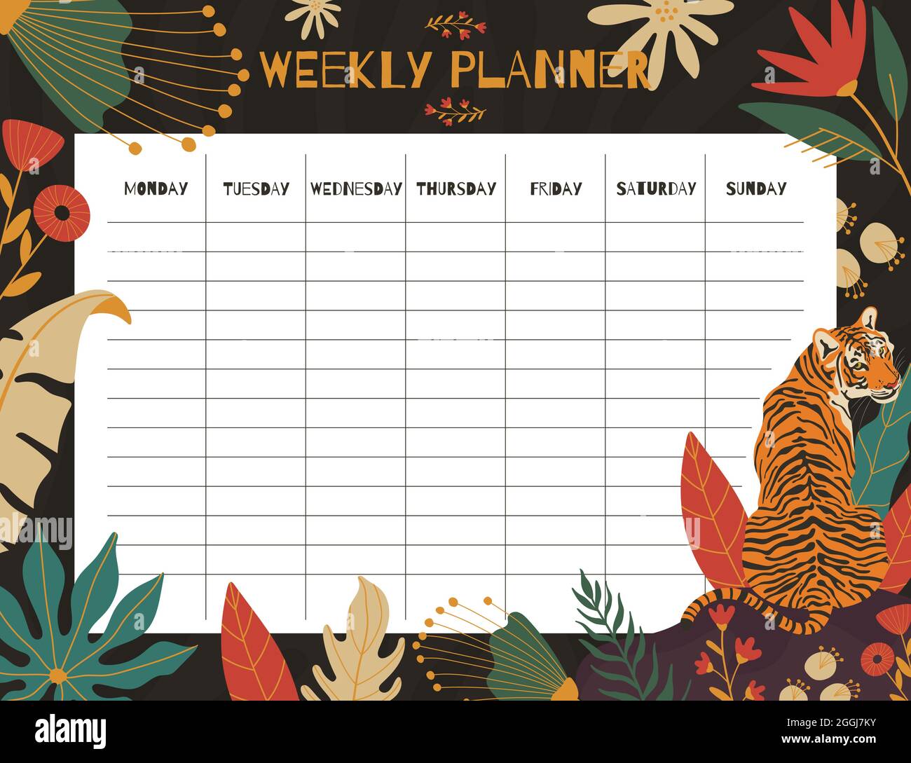 Weekly planner print concept template. With hand drawn exotic floral ...