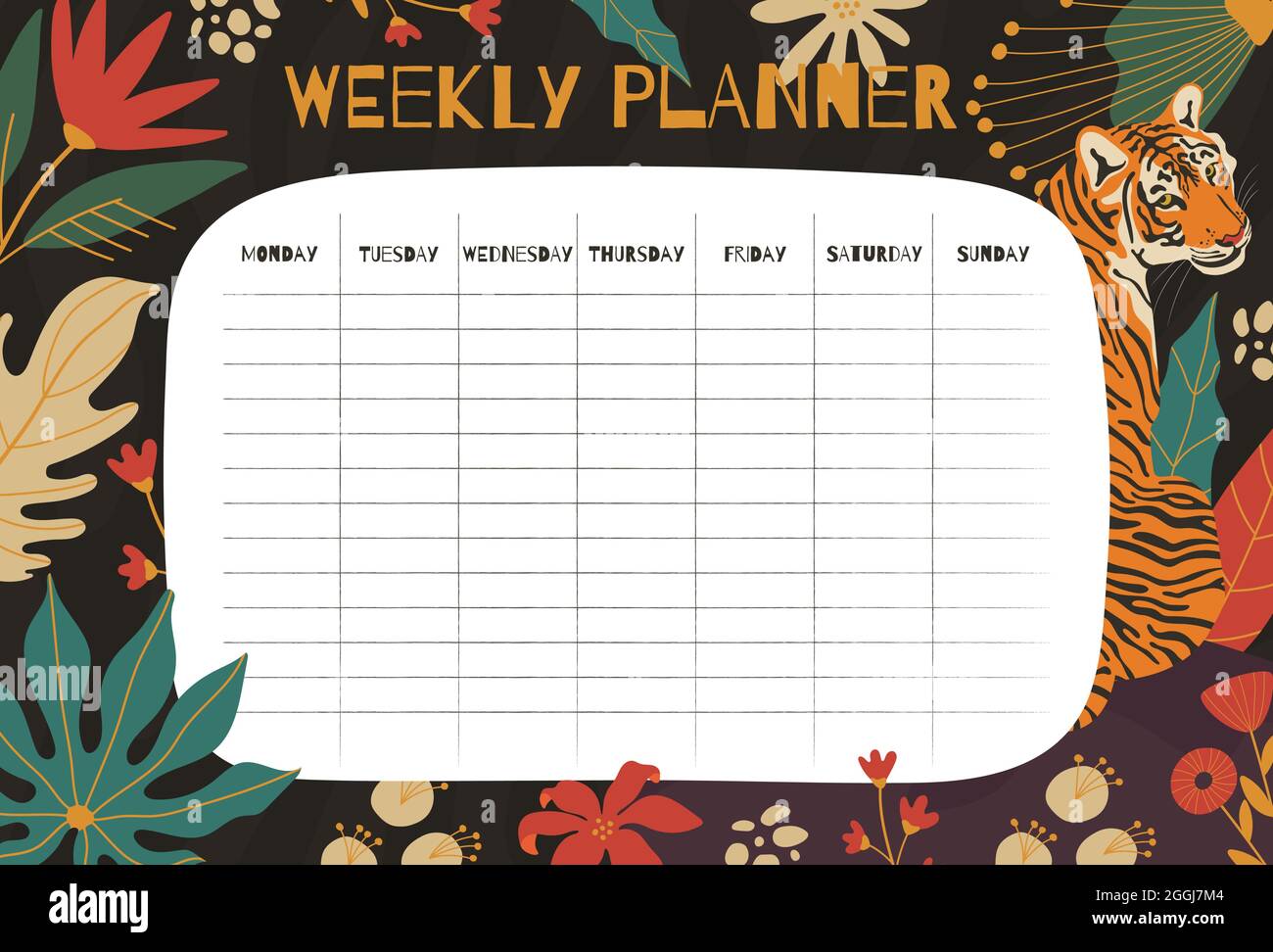 Weekly planner print concept template. With hand drawn exotic floral ...