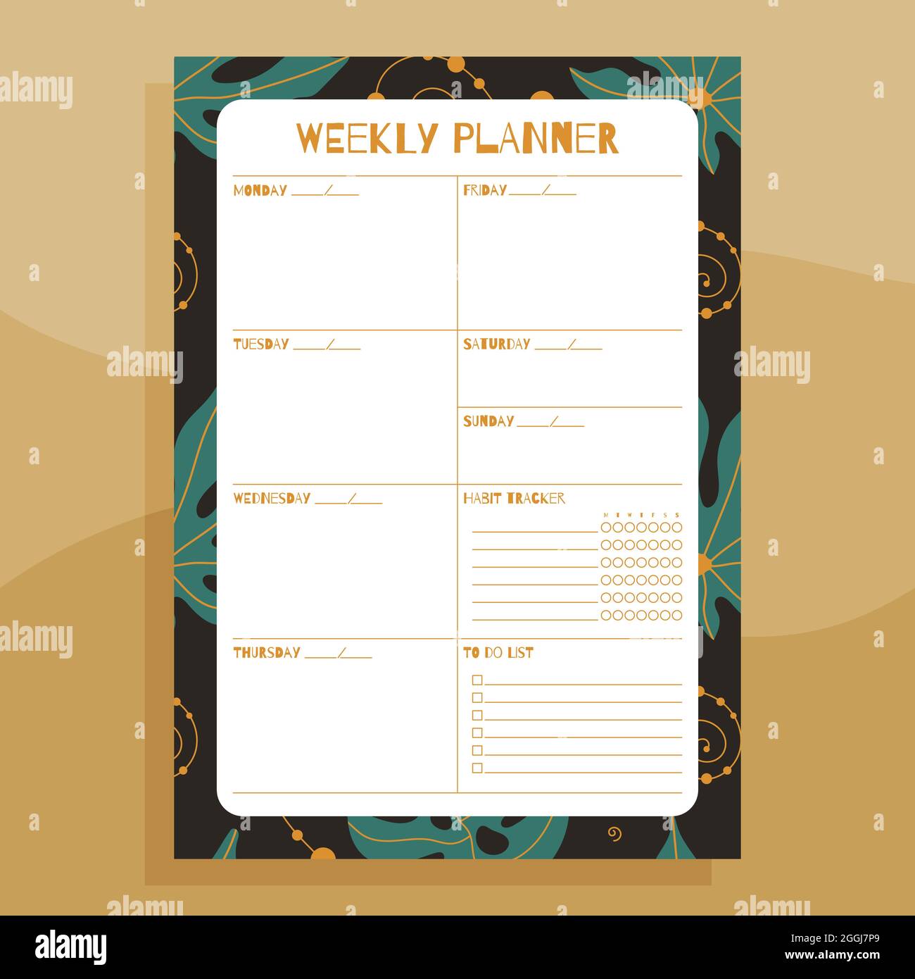 Weekly planner print concept template. With hand drawn exotic floral ...