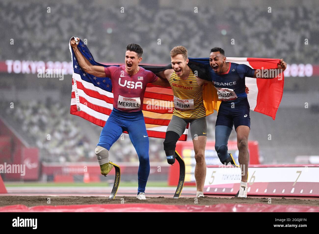(L-R) Trenten Merrill (USA), Markus Rehm (GER), PAVADE Dimitri (FRA ...
