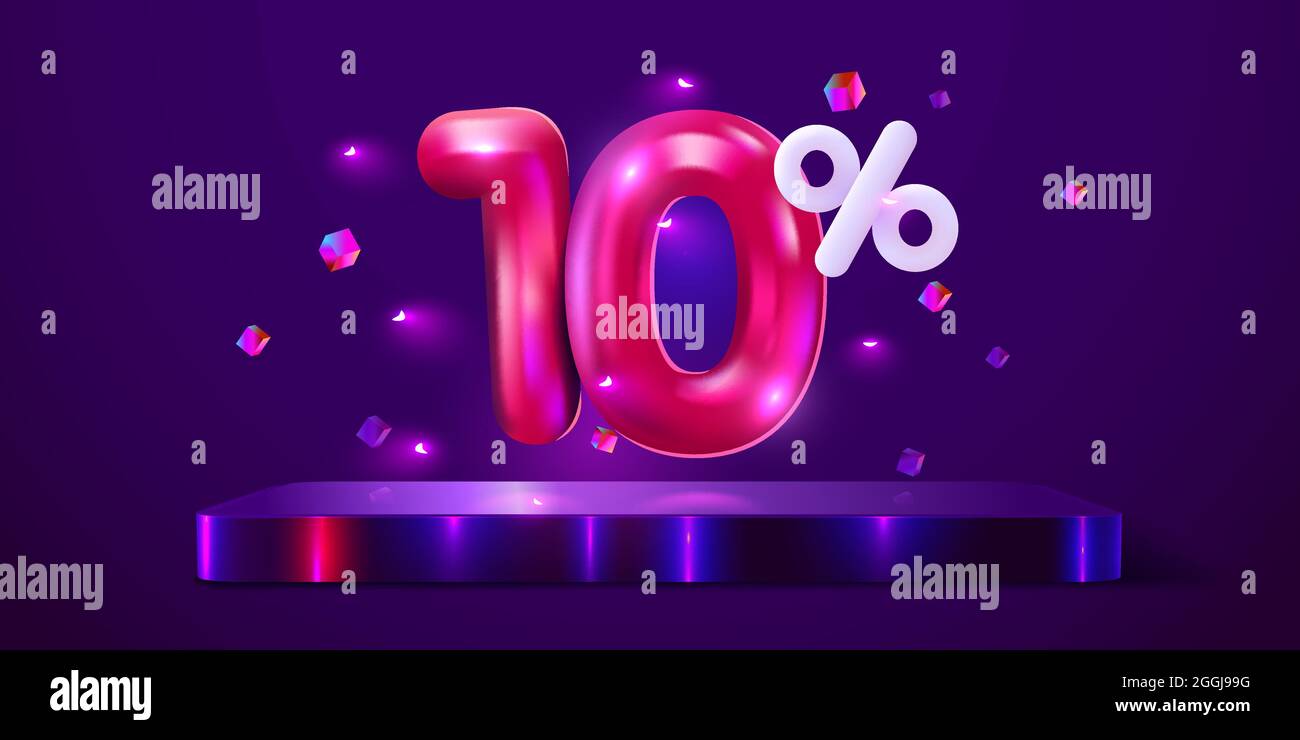 10 percent Off. Discount creative composition. Mega sale neon banner ...
