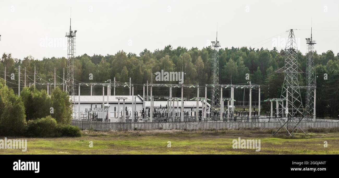 Small power substation with power lines and high voltage Stock Photo ...