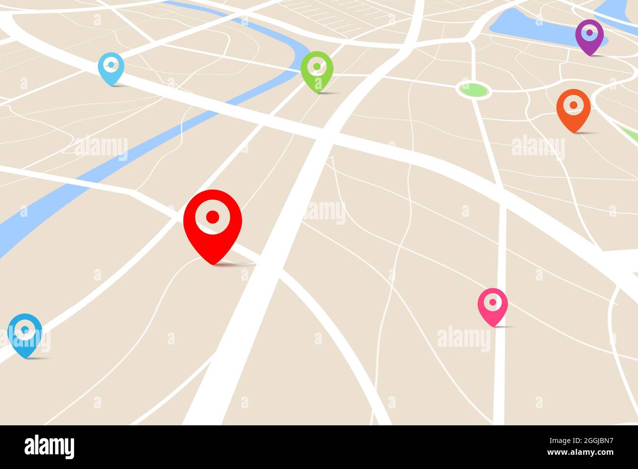 3D top view of a map with destination location point, Aerial clean top ...