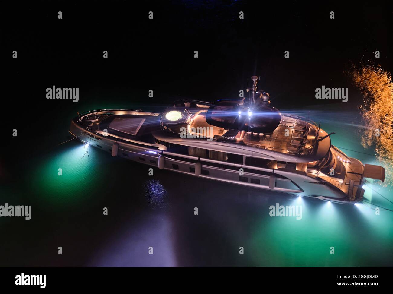 view from above of luxury mega yacht at night with lights Stock Photo ...