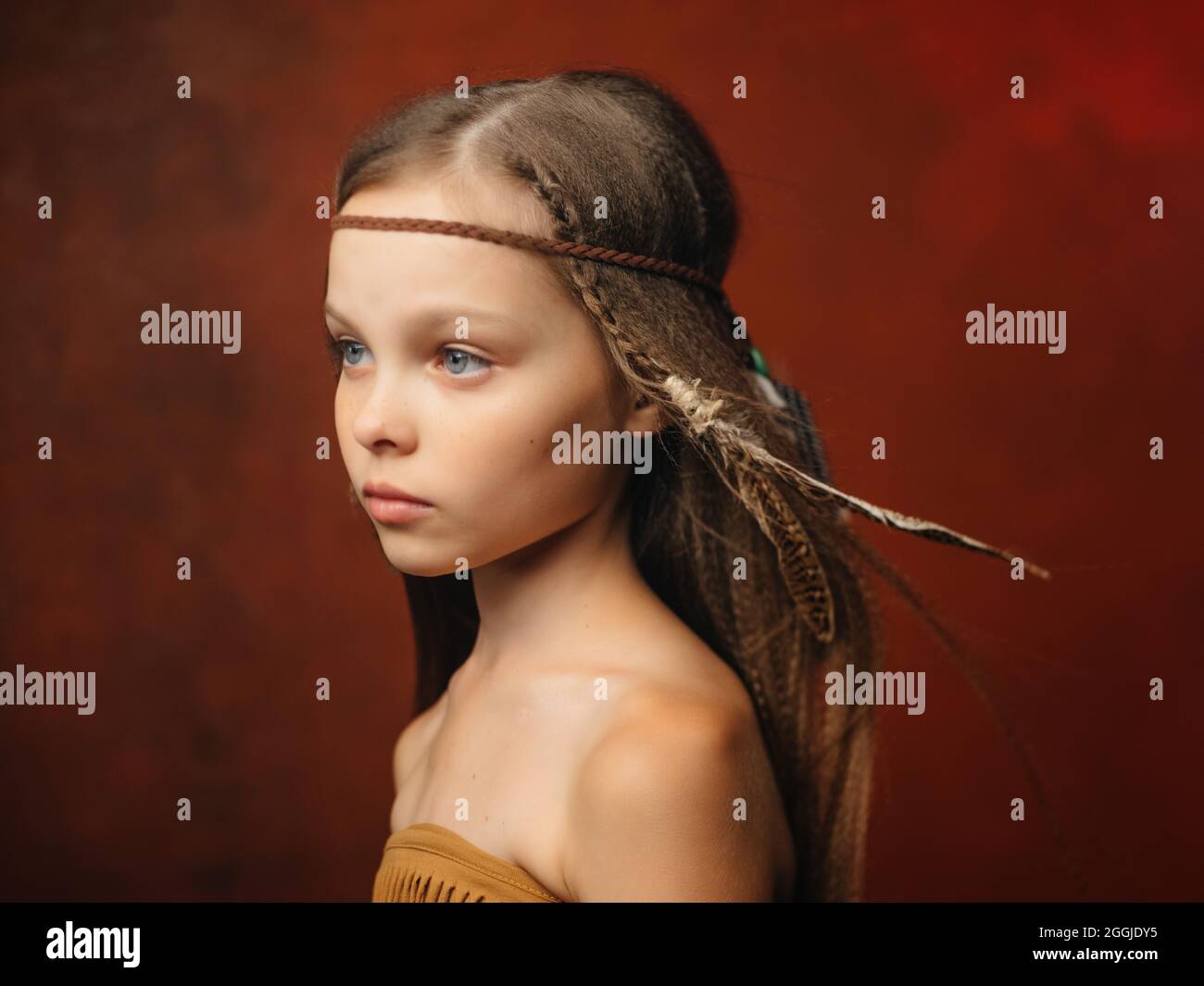 girl with apache hairstyle american ethnicity red background Stock ...