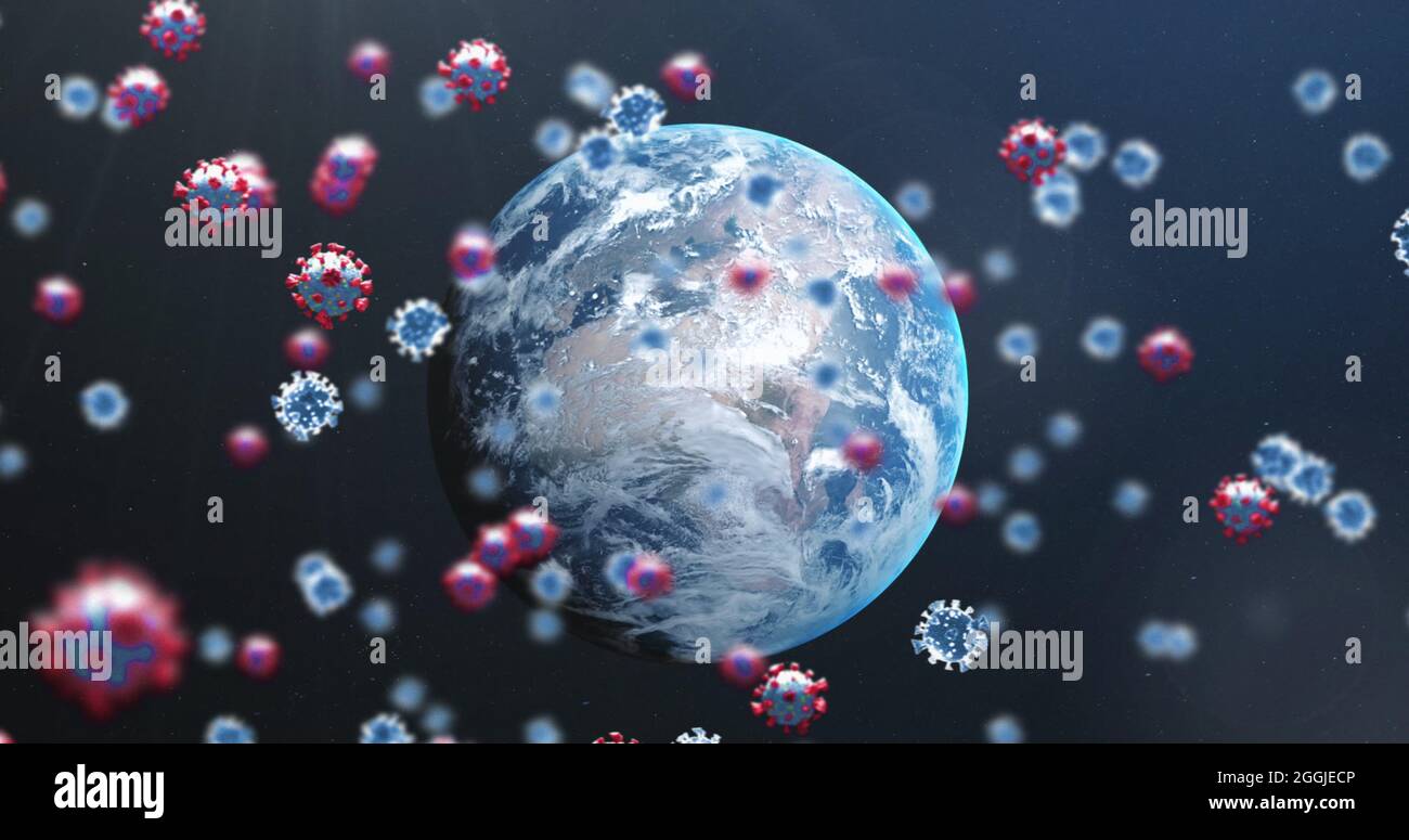 Flying bacteria coronavirus over planet earth Stock Photo - Alamy