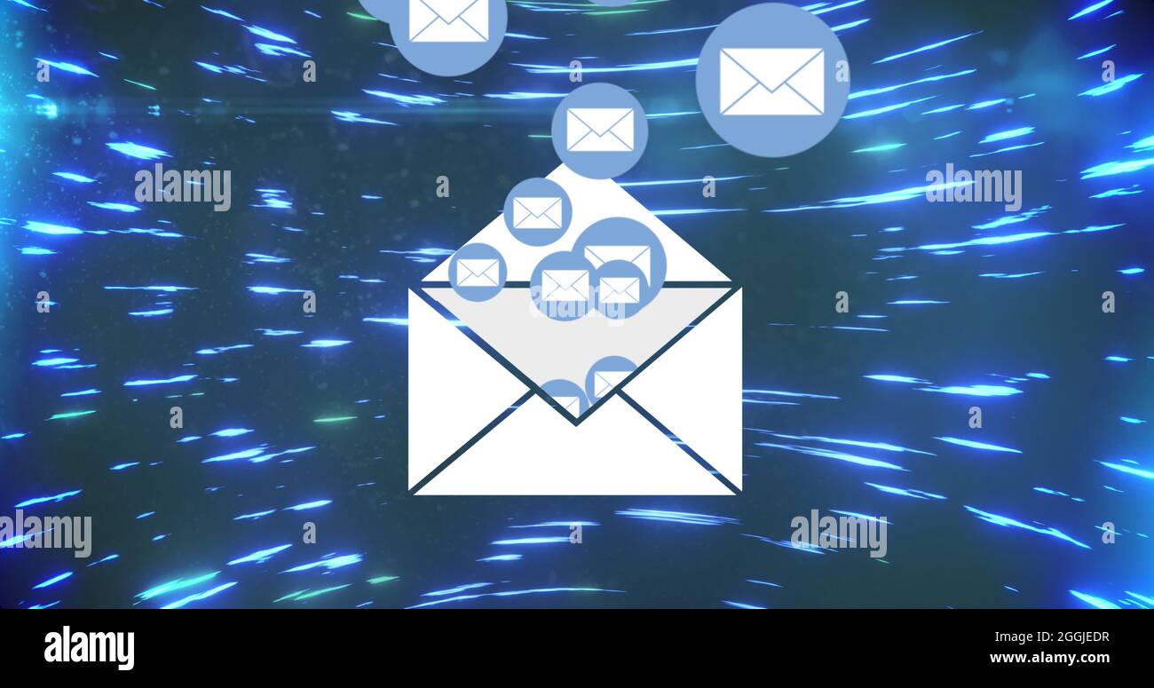 Message icons coming out of envelope against blue light trails Stock Photo - Alamy
