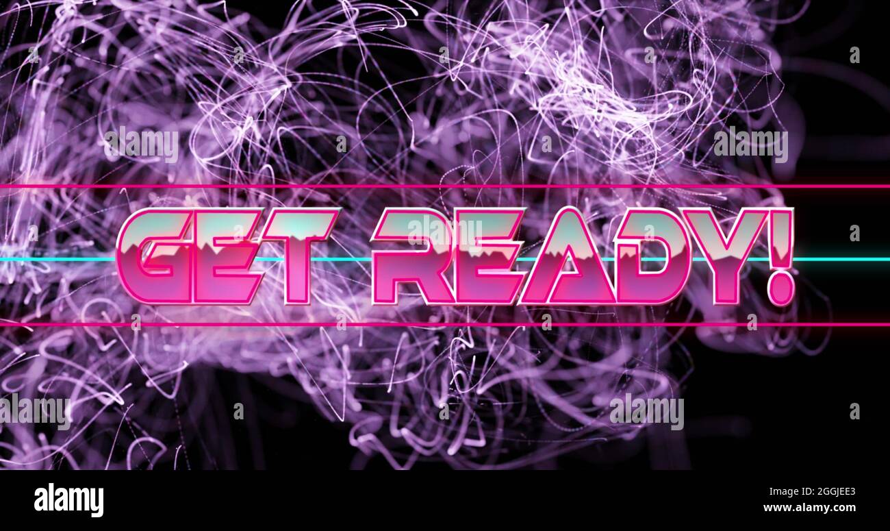 Image of get ready text in pink metallic letters over explosion of ...