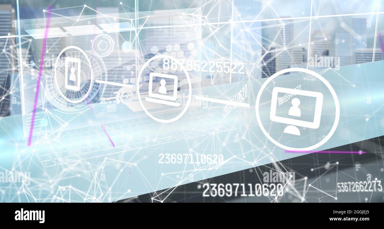 Image of numbers changing, icons, scopes scanning and data processing ...