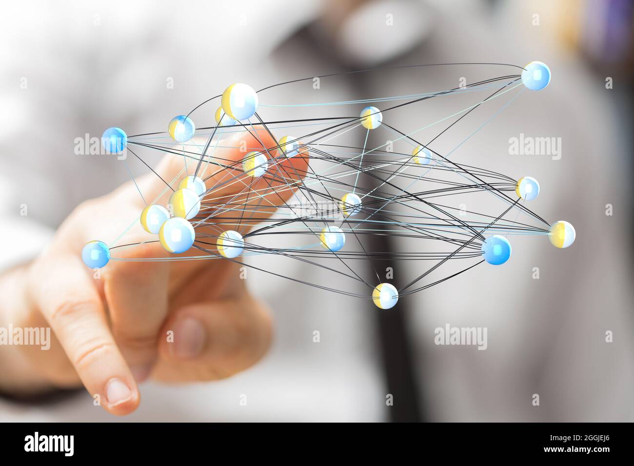 Male's hand pointing to an illustration of computering cloud computing ...