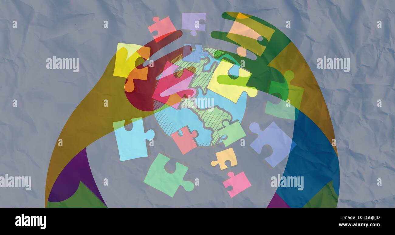Image of autism awareness puzzles over globe on crumpled paper ...