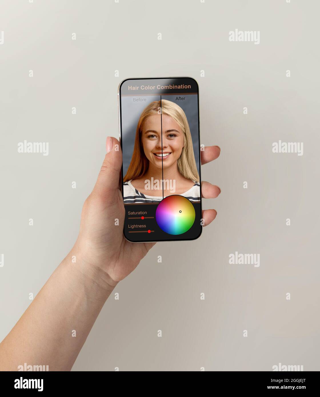 Female hands using hair color simulation software on mobile phone Stock ...