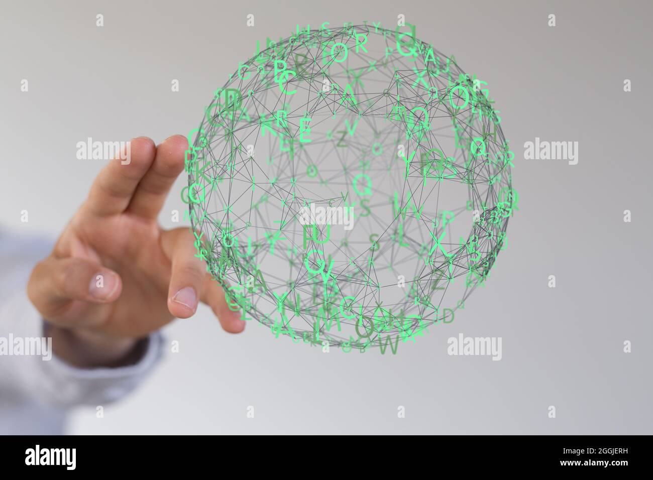 Male's hand pointing to an illustration of abstract technology ...