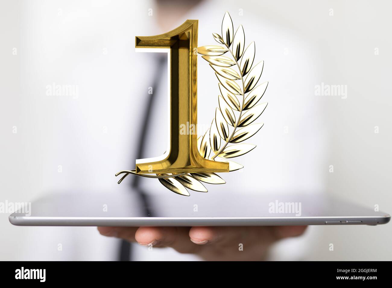 Male's hands holding a 3d rendering illustration of 1 year anniversary ...