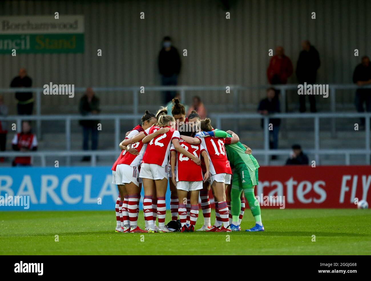 Arsenal players in a team huddle before the Women's UEFA Champions ...