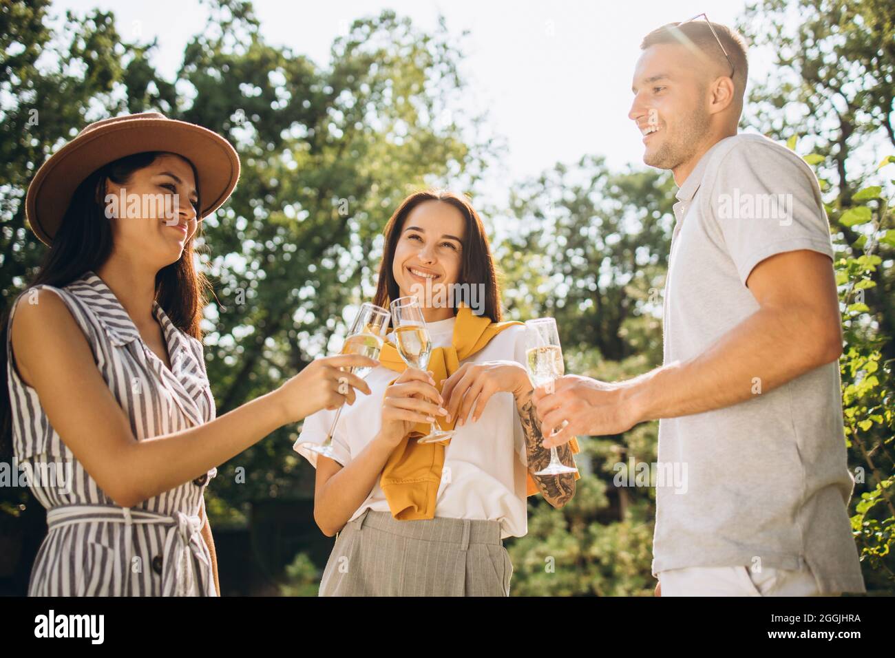 Nice summer day in countryside. Friends gathering on summer weekend ...