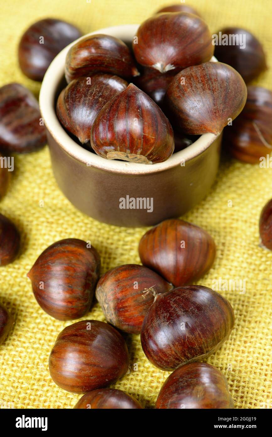 portuguese nuts in ceramic container on table with yellow jute Stock ...
