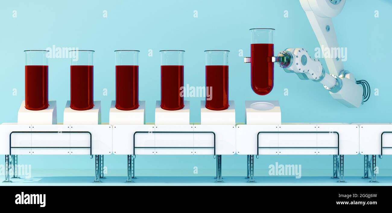 robotic arm puts test tube of blood on the conveyor. 3d rendering Stock ...