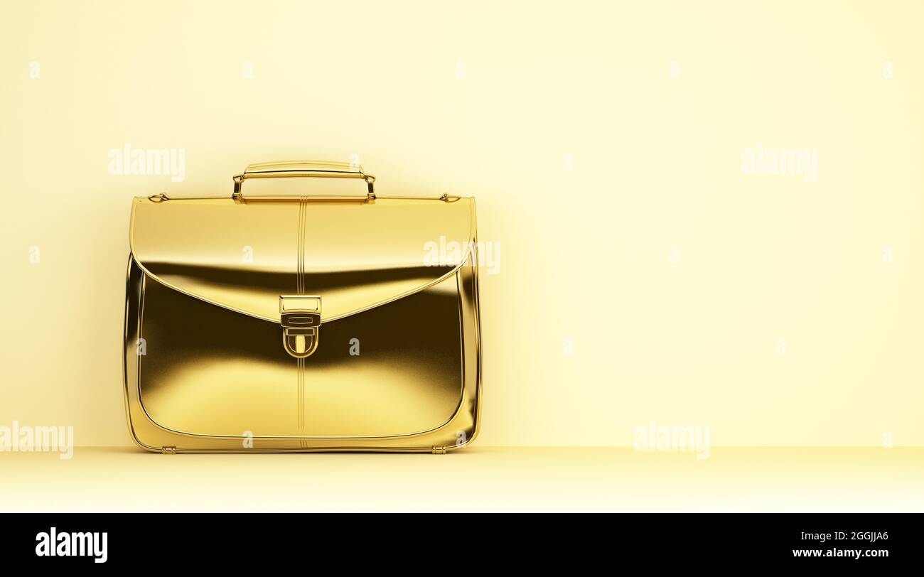 golden briefcase on yellow background with copy space. 3d rendering ...