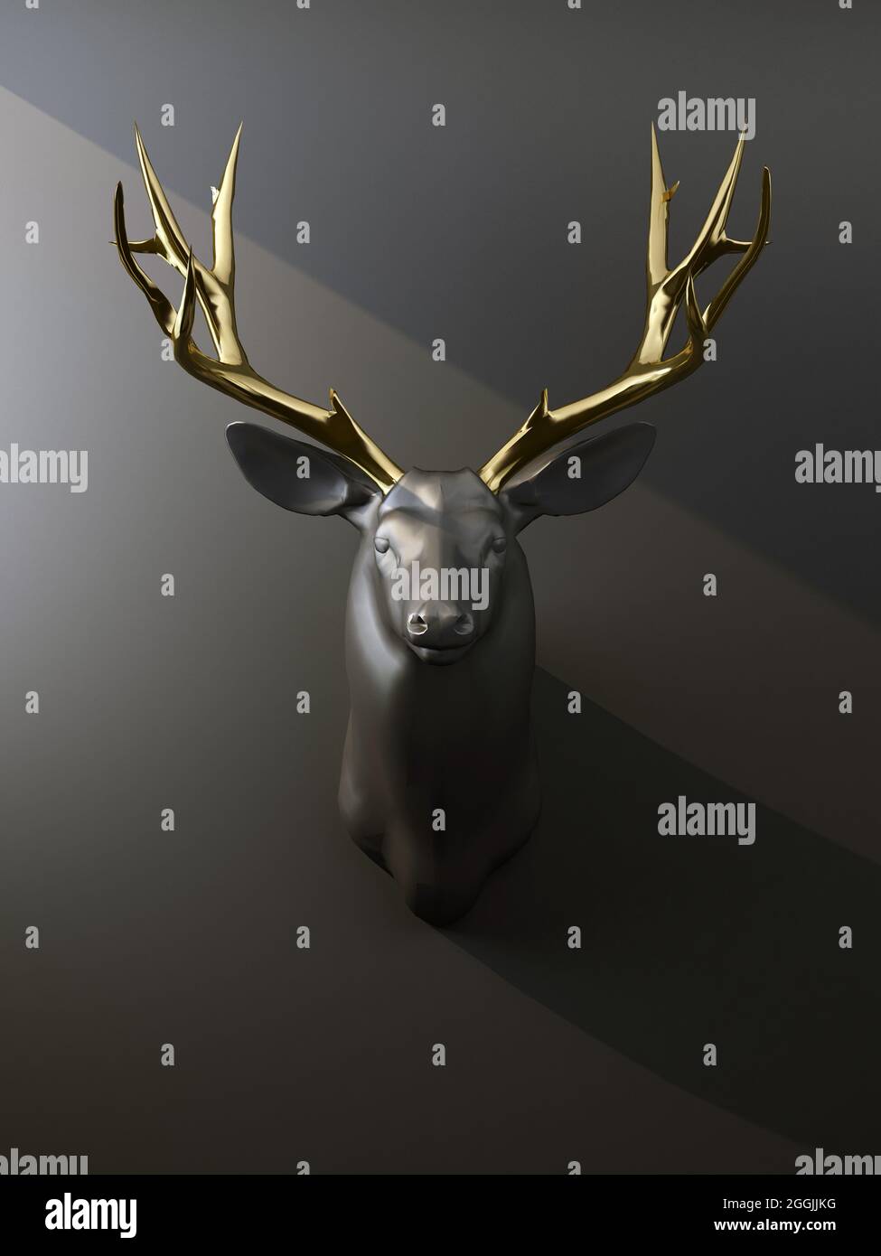 black deer head with golden antlers on the wall. 3d rendering Stock ...