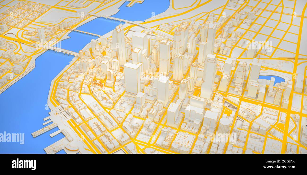 low poly wireframe modern downtown with river and yellow roads above ...