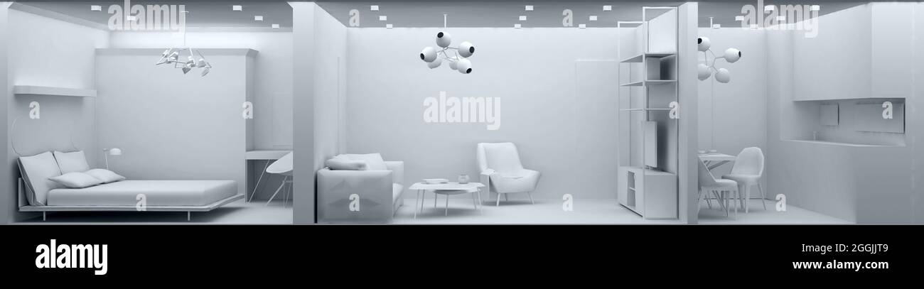 cutaway interior of three rooms in plain color. 3d rendering Stock ...