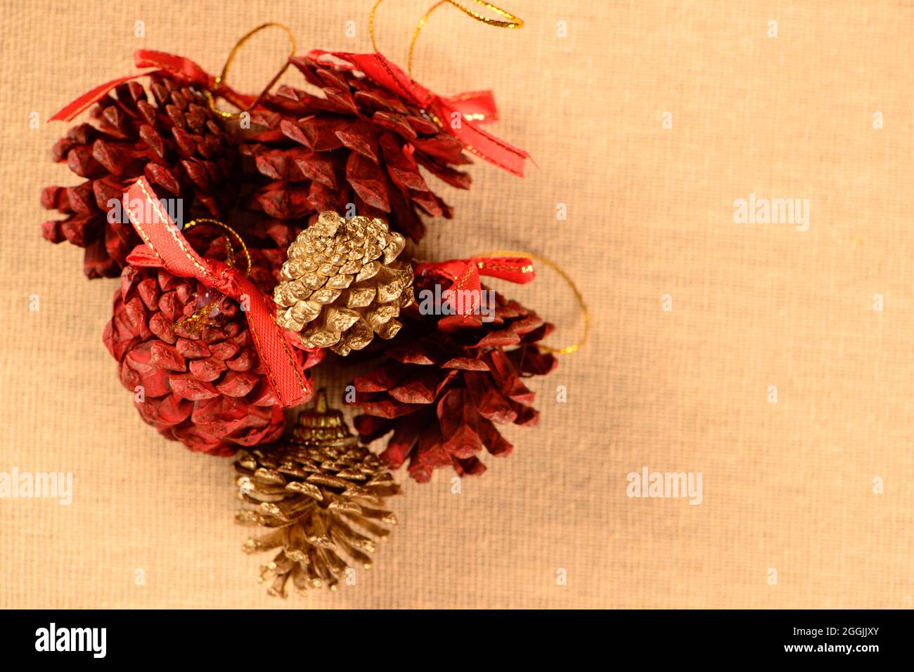 small red and gold pine cones on cotton fabric Stock Photo - Alamy