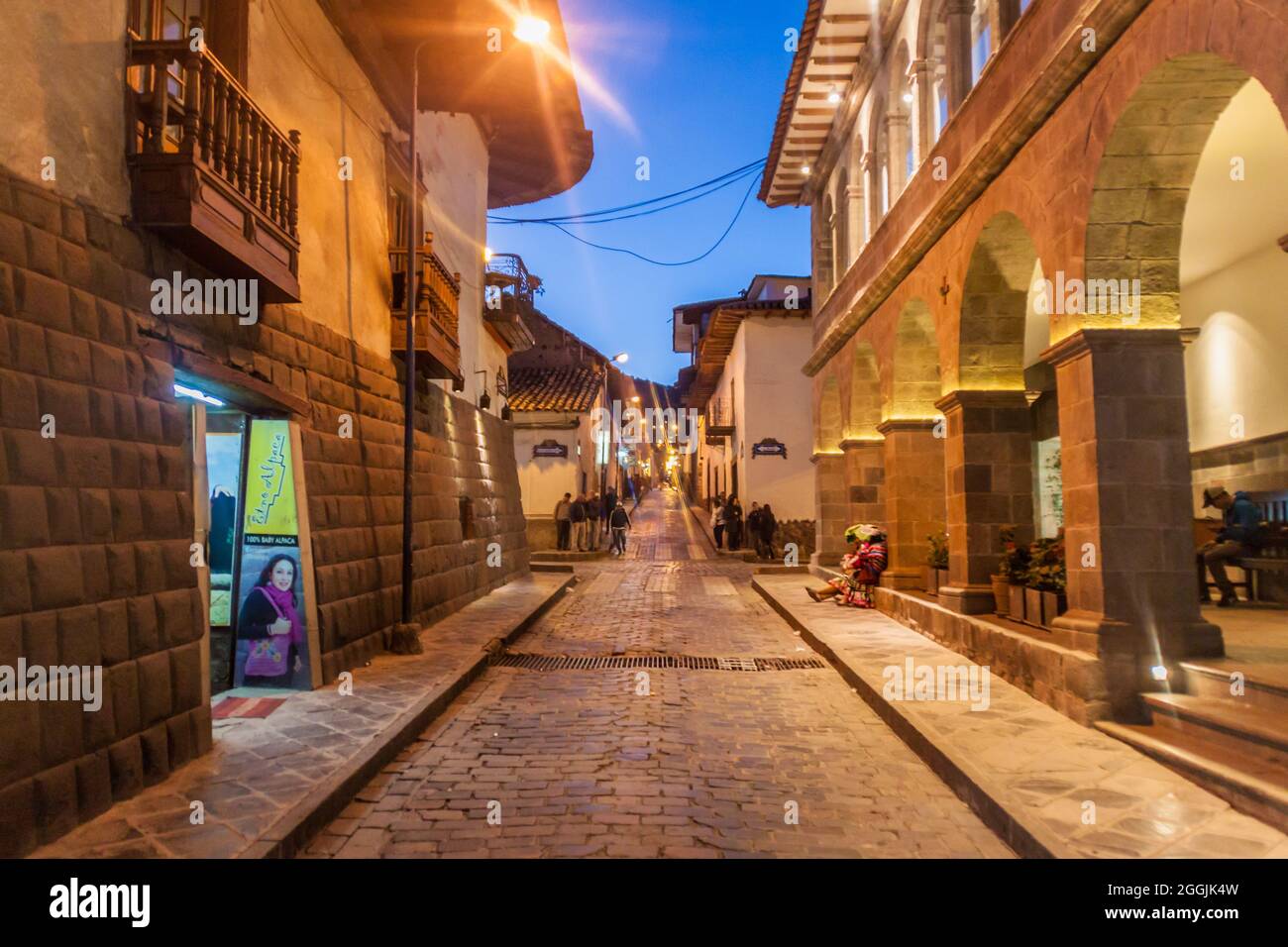 CUZCO, PERU - MAY 23, 2015: Night view of a small old alley in Cuzco ...
