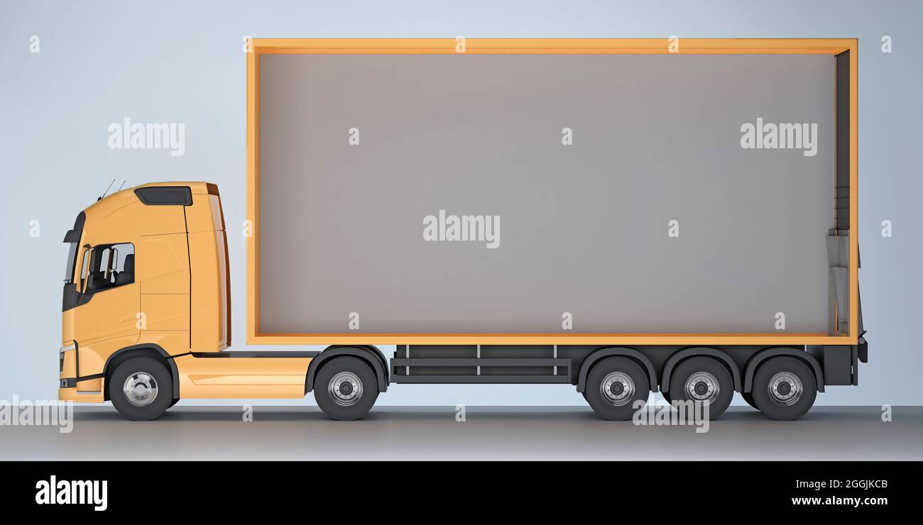 long truck with an large empty body in section side view. 3d rendering ...