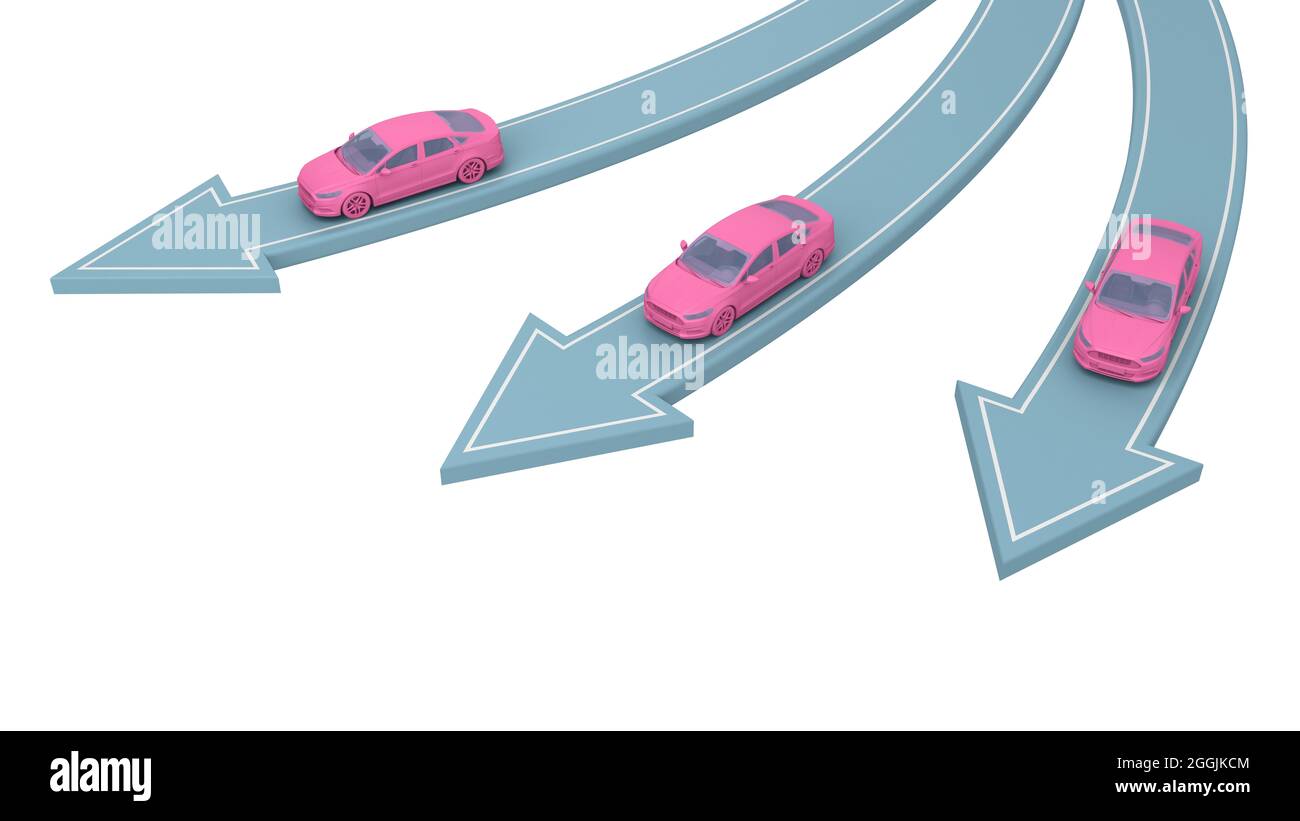 pink car go in different directions isolated on white. 3d rendering ...