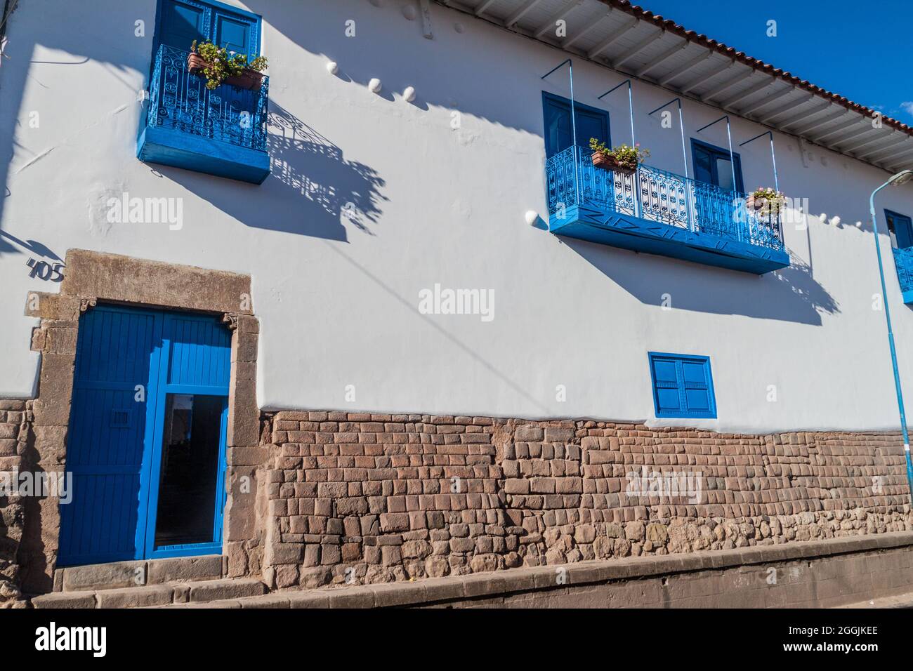 Colonial houses built on ancient Inca foundations in Cuzco, Peru Stock ...